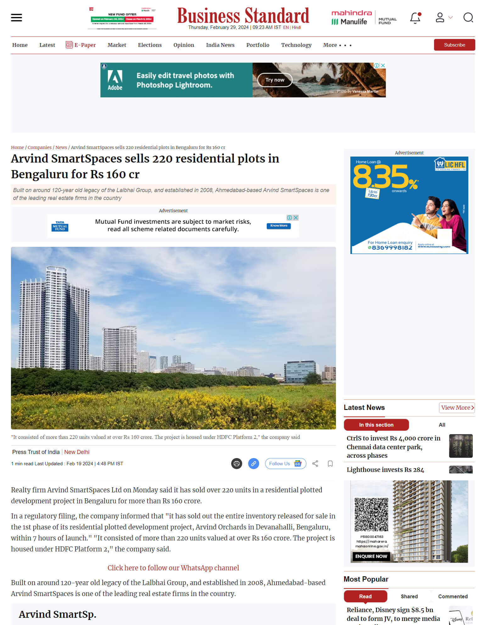 Arvind SmartSpaces sells 220 residential plots in Bengaluru for over ...